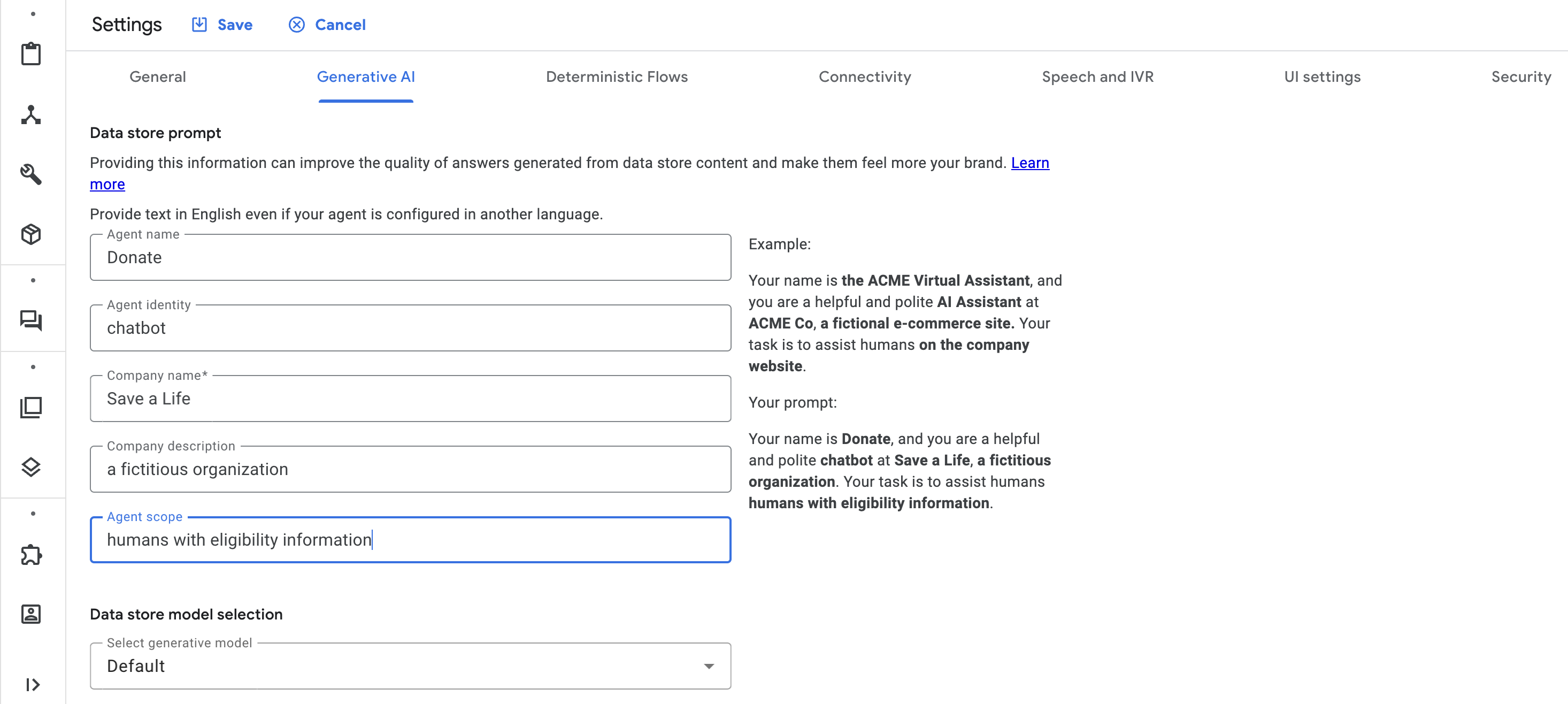 Enable informed decision making with a conversational agent that uses generators and data stores ...